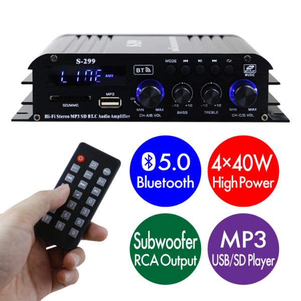 商品特徴：コンパクトなボディにLEDデジタル表示やUSB/SDカードプレーヤーなどの機能も備えた、汎用4.1chサラウンドアンプです。定格4×40Wのメイン出力にサブウーファーを加えたパワフルで広がりのあるサウンドは、主音量のほか高音/低音...