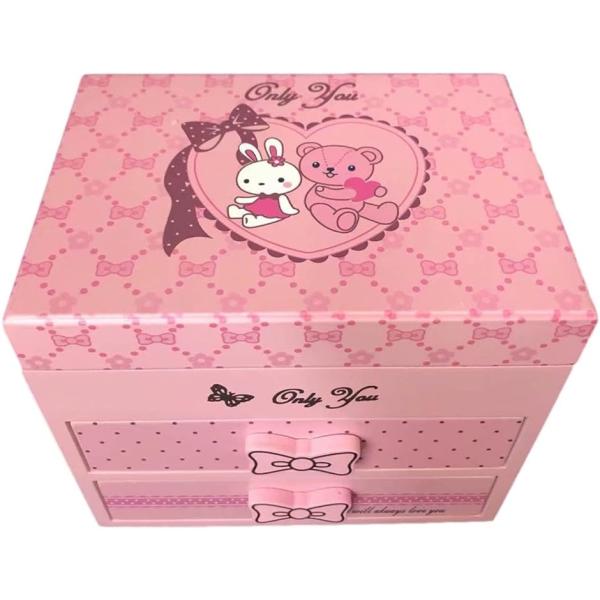 バリエーションコード : 2B4XIJOH0O・引き出し・ミラーの付いた、オルゴール付き 木製ジュエリーボックス クマ・ウサギ・ヘアアクセサリー11個付き(＊画像のアクセサリーセットは見本となります。数は11個固定ですが、内容はランダムにな...