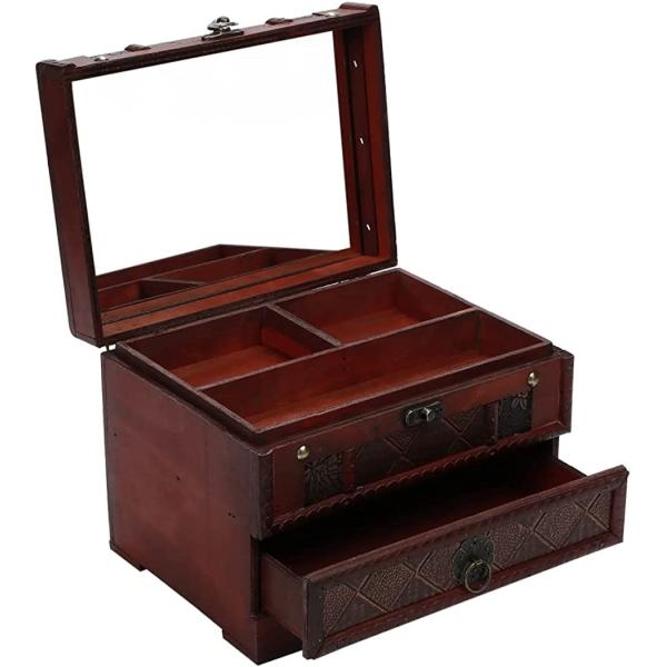 サイズ：22cmx16cmx16cm仕様：エンボス加工木製コスメボックス（ミラー、引出付）素材：天然木、Puエンボス加工（ブラウン塗装）重さ：1019g