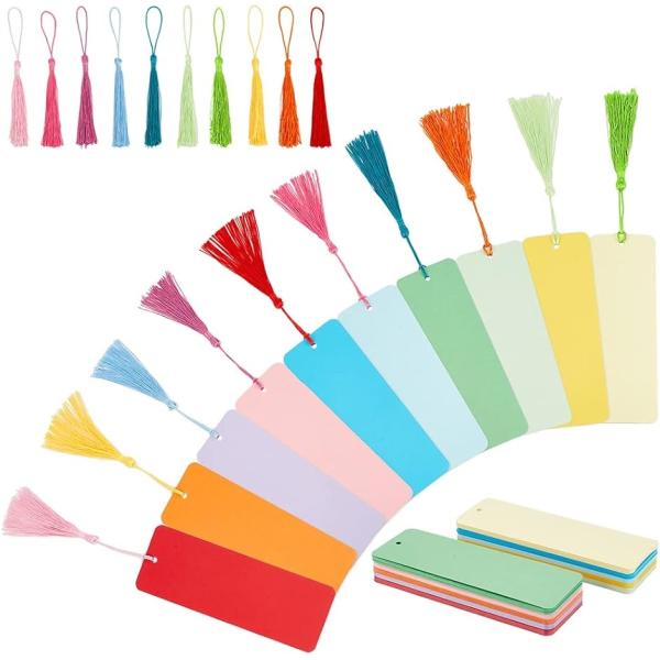 鮮やかな10色：パックには、クラフト紙のしおりカード（グリーン、ゴールド、スカイブルー、イエロー、オレンジ、ピンク、パープル、各10色）が100枚、タッセル（10色、各10個）が100個入っています。高品質の素材：しおりは高品質の厚いライス...