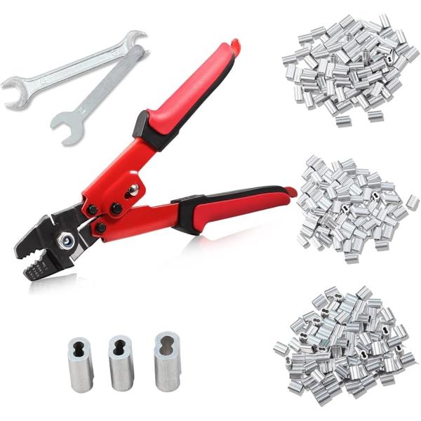 ・「商品内容」 10インチのワイヤーロープ圧着工具x1、180x3サイズのダブルバレルフェルール、交換用ボルトx1、交換用ナットx1、レンチx2。・「使用方法」 圧着ペンチには 4 つのプレス位置 (0.1mm 〜 2.2mm の圧着範囲)...