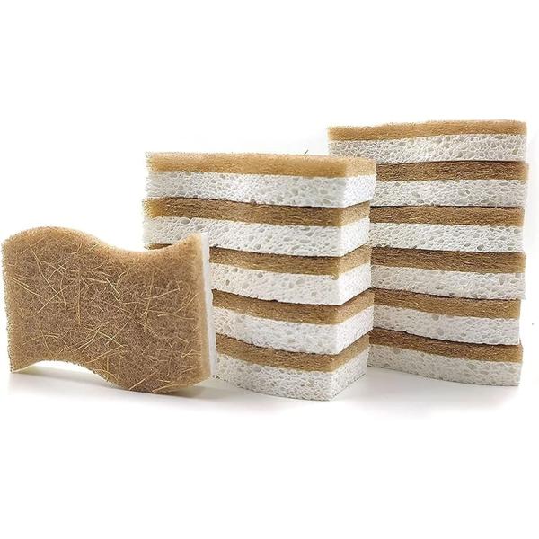 「天然素材100％」一般のナイロン材質と違い、特殊材質(木質パルプ繊維)とココナッツ繊維を採用し、親水性と撥油性の特性があります。元々が植物性のセルローススポンジは土に埋めれば微生物により分解され自然に還ります。100％植物由来で環境に優し...