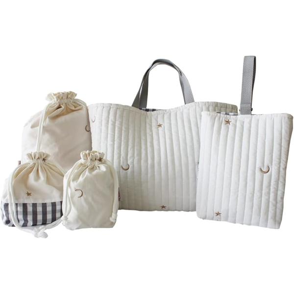 バリエーションコード : 2B21VORN2V・商品名:入園準備セット、入学準備セット・内容:レッスンバッグ、シューズケース、巾着袋(大中小)の5点セット・仕様:キルティング生地・リバーシブル(レッスンバッグとシューズケースの2点)、5点全...