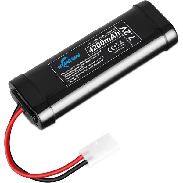 「7.2v ラジコン バッテリー」容量：4200mAh　色：黒　サイズ：13cm x 4.5cm x 2.3cm 高効率な通電を実現する。「4.2Ah高容量」7.2Vラジコンバッテリーはラジコンに強いパワーを提供して、長時間の連続ランタイム...