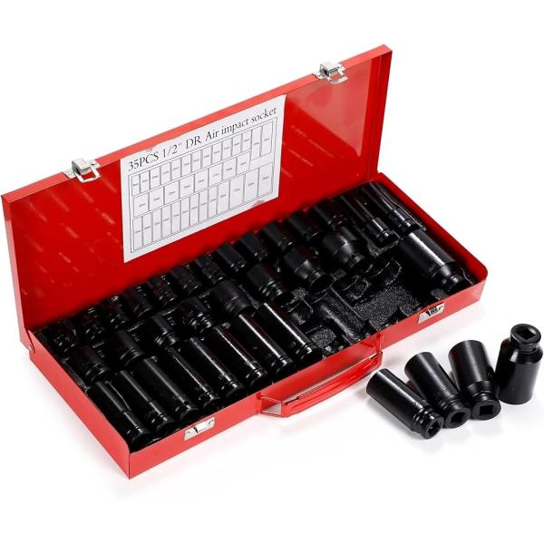 バリエーションコード : 2B2PUKD2OIインパクトソケット35個セット「サイズ」差し込みサイズ 1/2”(12.7mm)「ソケット材質」 クロムモリブデン鋼「カラー」 ブラック(ケースカラー：レッド)「セット内容」ディープソケット（7...