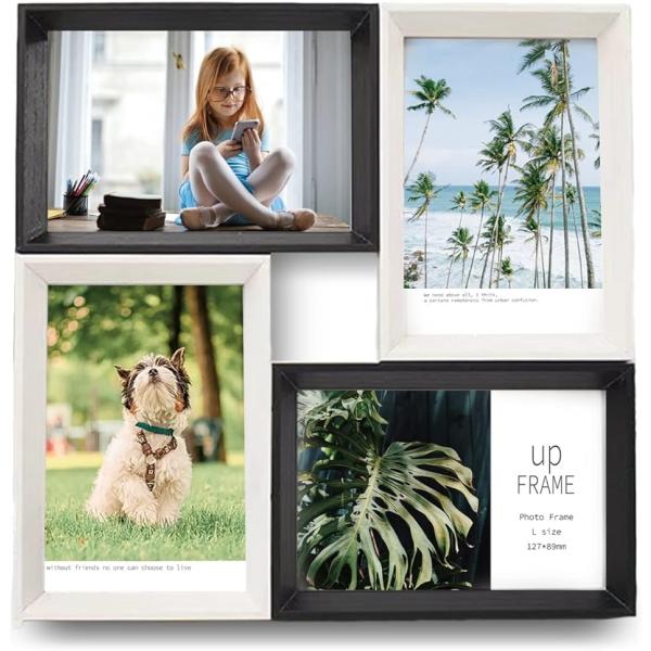 バリエーションコード : 2B91W4YY5Uモノクロデザイン 御洒落な写真立て。　おしゃれ な 写真立て 4枚 (4面) 写真のコラージュに 壁掛け 卓上 どちらもできる フォトフレーム4枚収納可能な写真立て。　縦向きと横向きを組み合わせ...