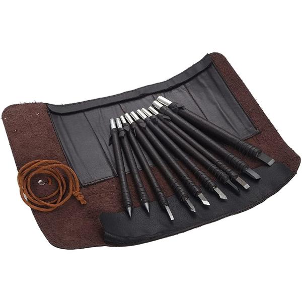バリエーションコード : 2B44U9QHKV・篆刻刀 タングステン 10本セット 専用レザーケース付・錆びにくく高い耐久性と硬度を持つタングステンで作られた篆刻刀8本と専用レザーケースのセット商品・篆刻刀：平刀両刃(刃先幅) 3mm/5m...