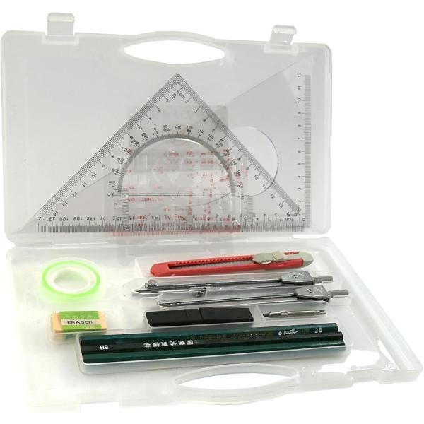 ・製図15点セット。持ち運びに便利な透明収納ケース付き。・セット内容：大型三角定規、大型デバイダー 、大型コンパス 、鉛筆（2H，2B，HB) 、消しゴム、テープ、カッターナイフ 他。・船舶免許試験取得のための勉強等、海図作成の練習に使いや...