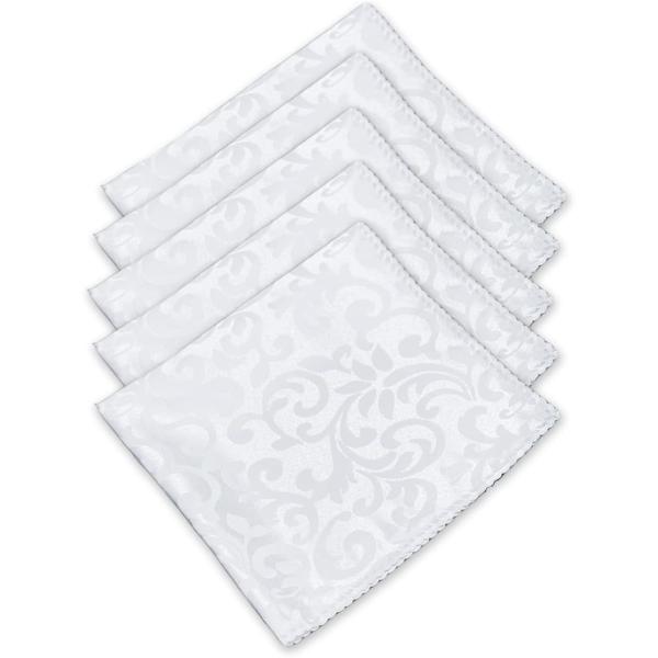 ・「テーブルナプキン 5枚セット」白テーブルナプキン５枚セットです。ワイントーションにも最適。サテンの艶と美しい柄は、テーブルコーディネートをおしゃれに演出します。・「様々な場面で」結婚式、披露宴、レストラン、ホテル、ワイン、シャンパングラ...