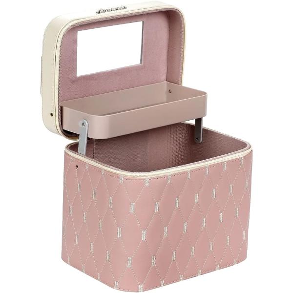 サイズ：約24cmx17cmx16.5cm仕様：化粧品収納ケース素材：Puレザー（ローズxオフホワイト：クロスステッチ）付属：小物トレイ、小型ミラー