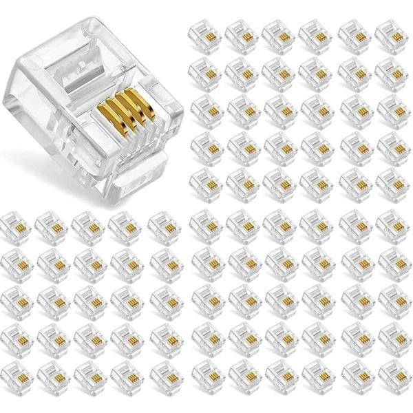 モジュラー コネクタ100個セット RJ11 / 6極4芯 6P4C電話線 ケーブル 等に使われるRJ-11 / 6極4芯のコネクタ。お得な100個入りです。プラグ形状：RJ-11プラグ 6極4芯(6P4C) 3μ金メッキRJ-11規格は、...