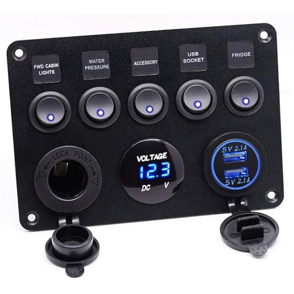 バリエーションコード : 2B65I3VQP9・こちらは「ブルー」になります。本体サイズ(約)：150mmx105mm　電圧：12-24V対応 車・ボート・漁船等などにおすすめです。・５スイッチ・電圧計・シガーソケット・USBポート２口搭載...