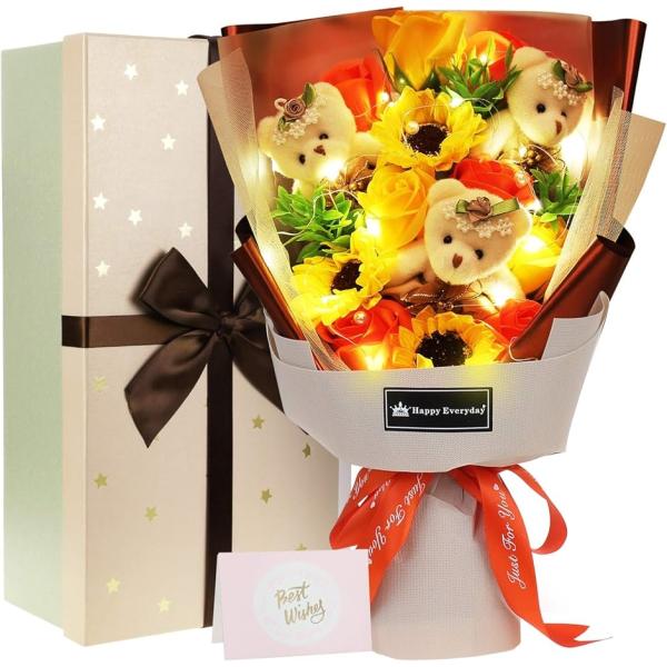 バリエーションコード : 2B89GQD0HK・「ソープフラワー・LEDライト・くま⇒絶好のギフト」 愛らしいクマと石けんのお花ソープフラワーを組み合わせたオリジナル花束、ライト付けで、サプライズの雰囲気を演出できます。母の日・お誕生日・結...