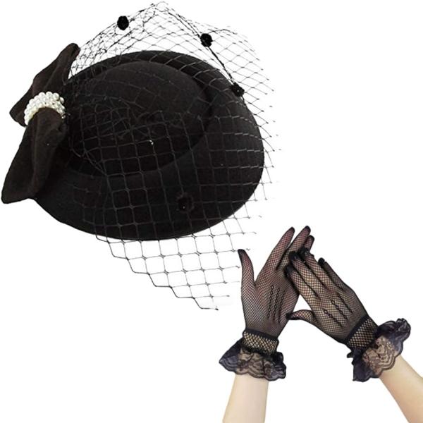 バリエーションコード : 2B4DLNS5ND・素材構成: 100% 分類外繊維(化織)・大きめのパール付きリボンがアクセントのトーク帽・カクテル帽とレースの手袋のセットです。・披露宴・パーティーでお使いになっていただいたり、コスプレでお使...