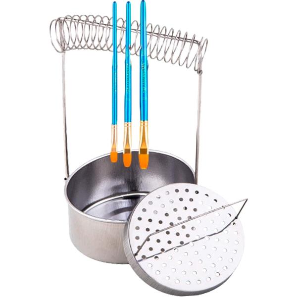 ・筆洗いバケツと、筆スタンドが一緒になったステンレス製の筆洗器です。・上部のバネでブラシを吊るすことができ、洗った筆もそのまま乾燥させておくことができます。・軽量、省スペース、組み立て式で持ち運びも楽々。油絵、水彩画等、外でのスケッチや写生...