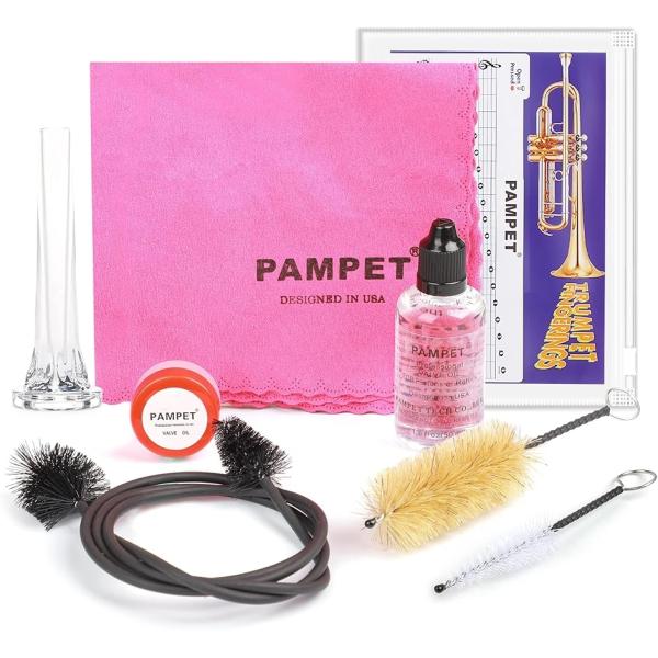 PAMPETのトランペットクリーニングキットです。日本語説明書QRコード付き。プラスチックマウスピース1個が付いたお得なセットです。