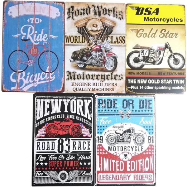 バリエーションコード : 2B8PJHHQ54・商品内容：レトロブリキ看板「バイク」5枚・サイズなど：20x30cm 1枚あたり約150g・ブリキ製のレトロ看板。アメリカンやハーレー、ヨーロピアンを中心としたバイクショップやバイクをモチーフ...