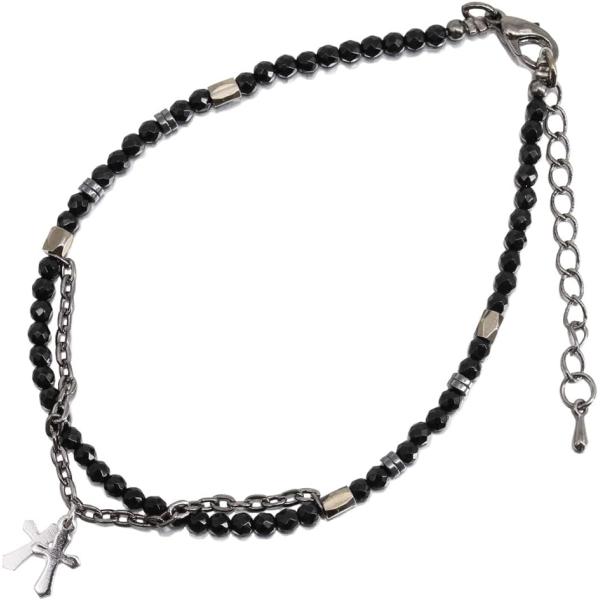 ・「 材 質 」ブラックオニキス、ステンレス・「 サイズ 」約23cm〜28cm（男女兼用） 「 重 量 」約6g・光沢感のあるブラックオニキスにダブルクロスをチェーンで繋いだ人気のアンクレット・男っぽいブラックの輝きとラグジュアリー感を兼...