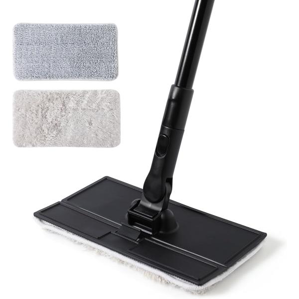 「フロアモップセット詳細」：ハンドル1本、2種類モップクロス、ヘッド1個。サイズ:26x14x140cm。「いいデザインのフロアモップ」：モップヘッドは折りたたむことができ、壁の隙間を拭くために使用することができます。6cm以上の狭い空間に...