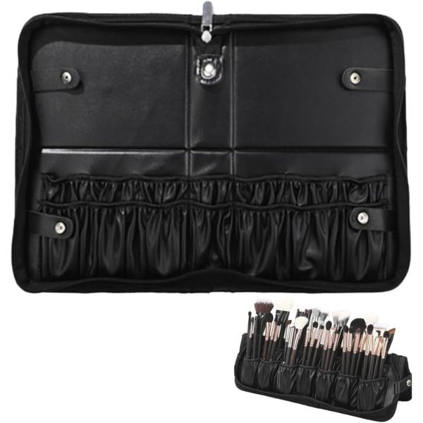 ボタンを留めて自立することができる大容量PUレザー製メイクブラシポーチです。「メイクアーティストや美容師のプロ仕様」14個のポケットにより、大きめのパウダーブラシから小さめのアイシャドウブラシまで、すっきり、しっかり収容。＊ブラシが飛び出さ...