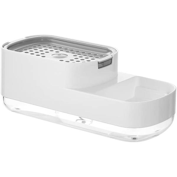 「食器洗いを効率的に」スポンジホルダーとたわし入れ付きの洗剤ディスペンサーです。このディスペンサーは、食器洗い用のブラシやスポンジ、ステンレスたわし、さらにはヘチマまでもすっきり収納できる設計になっています。ワンプッシュで洗剤が出るのでその...
