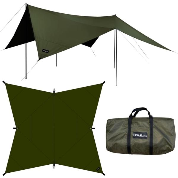 バリエーションコード : 2B904LTFSI「特異なデザイン性」チーズ型に特化した大型タープ新登場。キャンプサイトで一際目立つタープ間違いなし。「ブラックコーティング加工」遮光性抜群のブラックコーティング。紫外線を遮蔽して全く太陽光を通し...