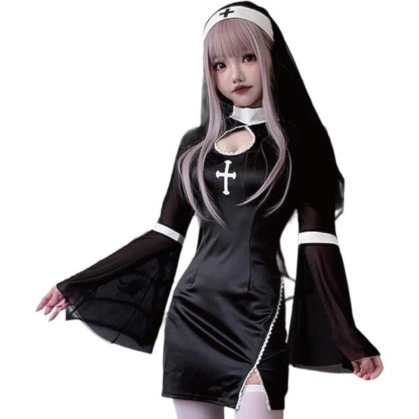 バリエーションコード : 2B99Q498V1清楚で神聖な雰囲気にちょっぴり小悪魔的なセクシー要素を取り入れた修道女コスプレ衣装です。シックな黒と白のコントラストの衣装はホラーなイメージとも相性が良く、ハロウィンの仮装でも大人気です。フィッ...