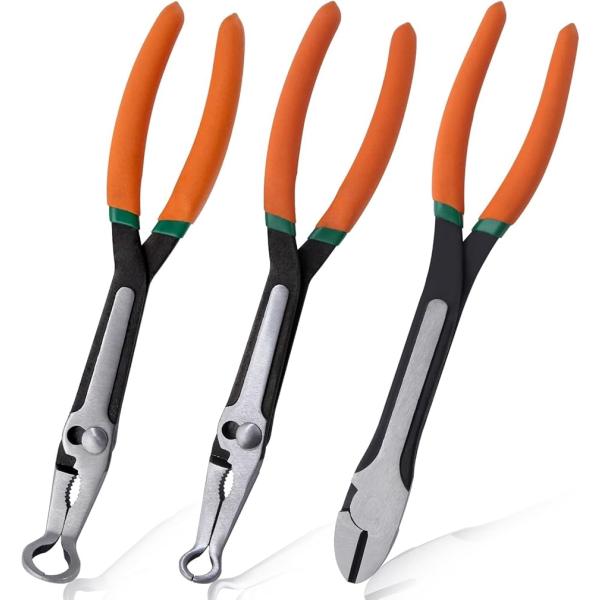 「セット内容」1本 x ホースプライヤー(O型直径1/2インチ)、1本 x ホースプライヤー (O型直径3/4インチ)、1本 x ニッパー。「材質」高炭素鋼を精密鍛造により大変頑丈で、耐久性にも優れています。精巧に研磨されたヘッドで仕上げら...