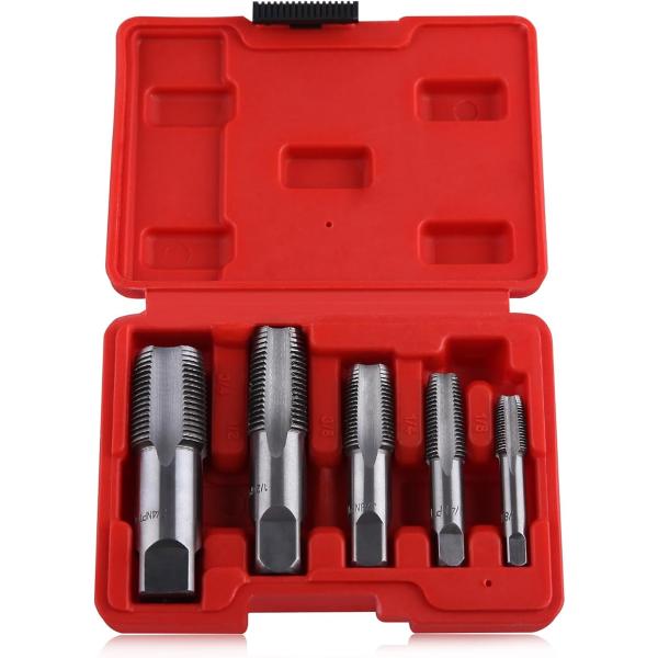 パッケージの詳細:1/8 NPT 27 x 1本、1/4 NPT 18 x 1本、3/8 NPT 18 x 1本、1/2 NPT 14 x 1本、3/4 NPT 14 x 1本。持ち運びや整理に便利な収納ケース付き。DIY業者、便利屋、破損...