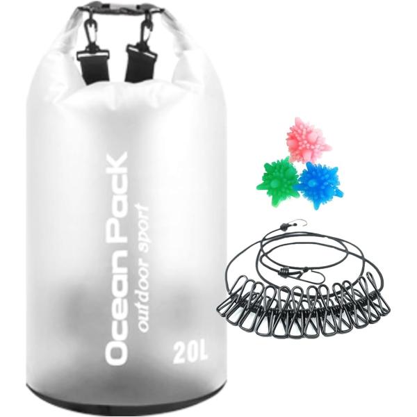 バリエーションコード : 2B9JJYX3SD旅先やアウトドア、キャンプ等、外出先で汚れ物を簡単に洗濯できる便利アイテムです。防水バッグ、洗濯ボール、洗濯バサミ付きロープの3点セット。洗濯機がなくても、このセットさえあれば簡単に洗濯が可能で...