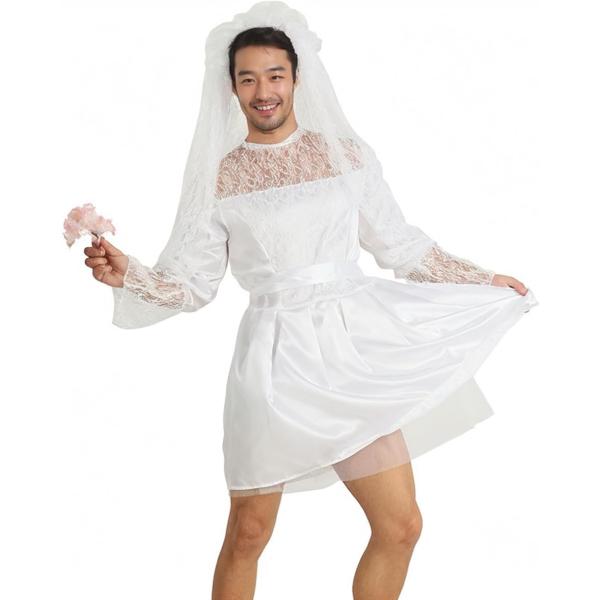 男性が着るからおもしろい。メンズ用のウェディングドレスです。ワンピース＋ベール＋ベルトの豪華3点セットで、到着後すぐにコスプレを楽しめます。女装して純白の花嫁になりきれば、場が盛り上がること間違いなしです。可憐な花嫁衣装は、大柄な男性でも着...