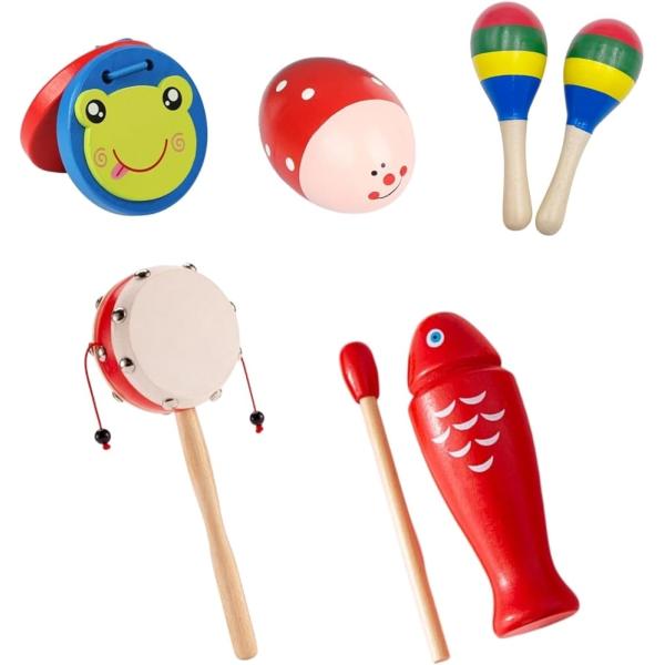 初めての楽器セットにオススメ。お子様向け打楽器5種6点セットです。「セット内容：でんでん太鼓x1、カスタネットx1、木魚x1、マラカスx2、マラカスボールx1」5種類の楽器がセットになっているので振ったり叩いたりと、様々な遊びを楽しめます。...
