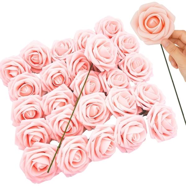 (枝付きでそのまま飾れる。)この造花バラは、リアルな枝付きデザインで、そのまま花瓶に挿すだけで華やかな雰囲気に。25本セット＆7.5cmの大きな花がボリュームたっぷりで、お部屋やイベント会場を豪華に彩ります。枝は柔らかく調整可能で、お好みの...