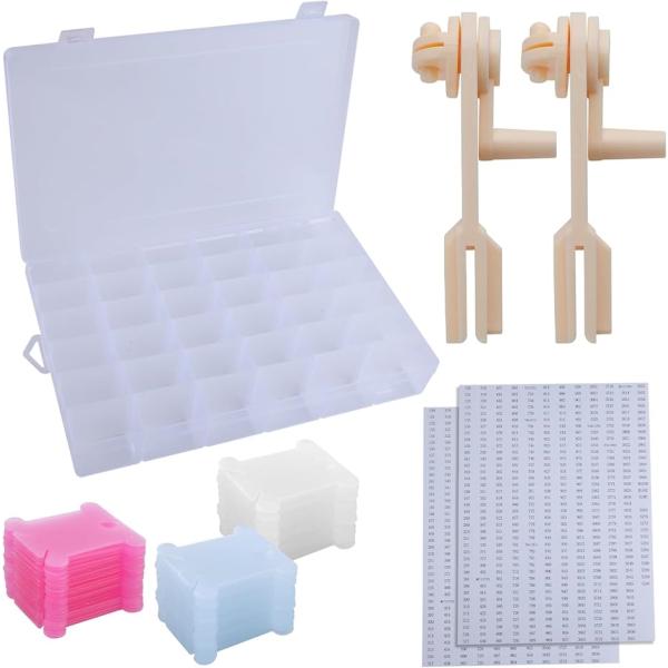 「組み合わせ詳細」白ボビンワインダーx 40、ローズレッドボビンワインダーx 40、ライトブルーボビンワインダーx 40、イエローマニュアルボビンワインダーx 2、番号ラベルx 2、簡単な保管と整理のための透明収納ボックス付き「素材表面」P...