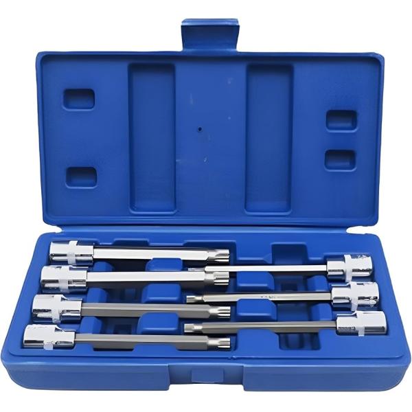 六角ビットソケット7本セット（ケース付き）高硬度で錆びにくく、長くご愛用いただけるクロムバナジウム鋼を採用。自動車のメンテナンス及び自転車やバイクのパーツの取り替え、家具の組み立てや電子機器のネジ締め等、通常のビットソケットが届かないような...