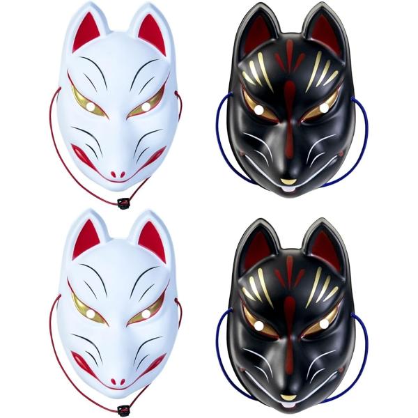 バリエーションコード : 2B9P3WTUXD狐面 イベントを彩る魅力的なデザイン：黒と白のきつねの面セットは、コスプレ、ハロウィン、夏祭り、文化祭、仮装など多彩なイベントで存在感を発揮。シンプルながらも目を引くデザインで、特別な雰囲気を演...
