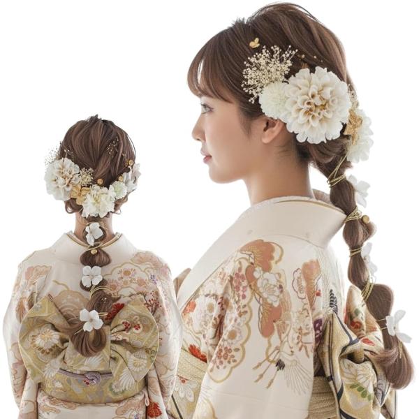 バリエーションコード : 2BR5FCJQDQ「セット内容・サイズ」髪飾り9種計21点セット(ダリア 花径約8cm、アジサイ プリザーブドフラワー、カスミソウホワイトx3、水引x4本、金箔シート、アンティークベリーx4、アンティークあじさい...
