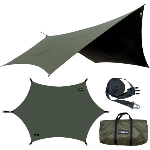 バリエーションコード : 2B9QTTWQWV「難燃加工」 タープ生地に難燃性塗料を加えることによって、ポリエステルタープの弱点を克服。焚き火の火の粉が飛んでも穴が空きにくく、燃え広がりにくい素材を提携工場と開発に成功。TCタープより軽く、...