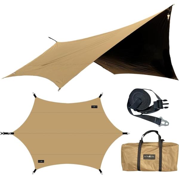 バリエーションコード : 2B9QTTWQWV「難燃加工」 タープ生地に難燃性塗料を加えることによって、ポリエステルタープの弱点を克服。焚き火の火の粉が飛んでも穴が空きにくく、燃え広がりにくい素材を提携工場と開発に成功。TCタープより軽く、...