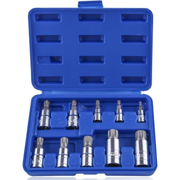 「セット内容」トリプルスクエアビットソケット10点セットは、1/4インチ：4mm、5mm、6mm、3/8インチ：8mm、9mm、10mm、12mm、14mm、1/2インチ：16mm、18mm。「材質」ドリルビットは、全体的な焼入れ処理を施し...