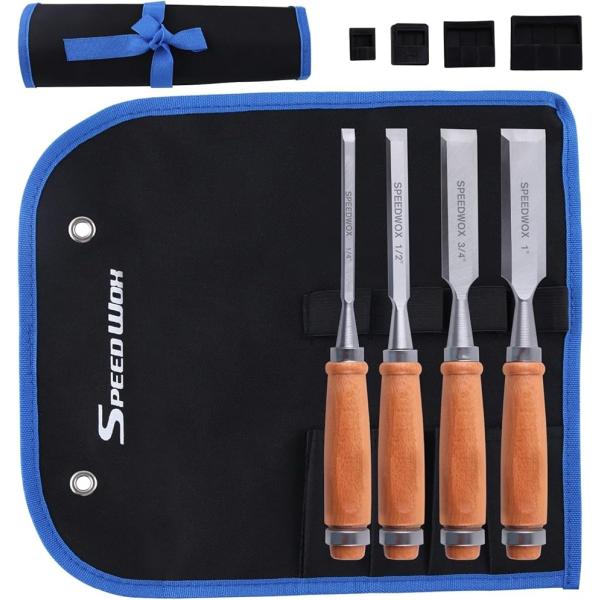 「セット内容」木工用ノミセット4本：1/4インチ（6mm）、1/2インチ（13mm）、3/4インチ（19mm）、1インチ（25mm）、ブランド入り収納ポーチ付きます。「材質」55炭素鋼で作られ、良好な切削効果、高硬度（HRC58-62度）、...