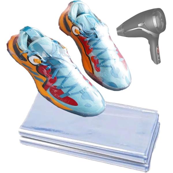 PVC製シュリンクフィルム（熱収縮袋）100枚セットです。ドライヤーやヒートガンで熱収縮し、スニーカーを傷や汚れ、埃などから保護します。28x45cmのサイズで、スニーカーにぴったりフィット。透明度が高く光沢もあるため、スニーカーに高級感が...