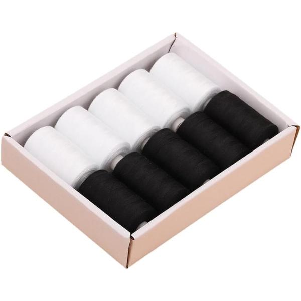 このポリエステル製の糸は、10巻セットで合計13500mもの長さがあり、黒5点と白5点の混色10色セットです。布地に合わせやすく、大物制作やたくさん使う方におすすめです。家庭用ミシン糸の定番である60番の糸は、幅広い布地に適しています。なめ...