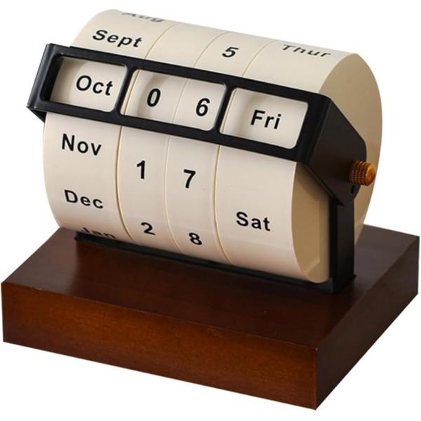 バリエーションコード : 2B9VS83X9Lこの回転式万年カレンダーは、スタイリッシュで機能的なデザインが魅力の卓上アイテムです。高品質な木製ベースとスチールフレームが採用されており、どんなインテリアにもマッチします。手動で日付、曜日、月...