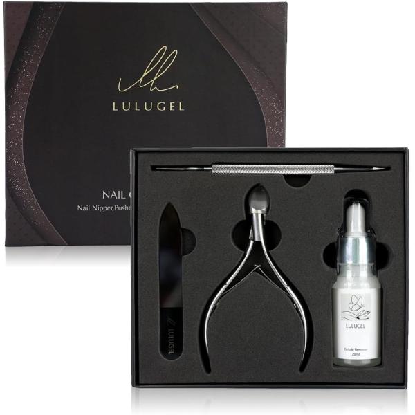 「LULUGEL甘皮処理セットDX」キューティクル・リムーバー20ml、甘皮 ニッパー、メタルプッシャー、爪やすり ガラスが付いた4点セット、ジェルネイル前の下処理をハイクオリティに実現可能、更にネイル休息時や、爪 ケア メンズにも人気のガ...