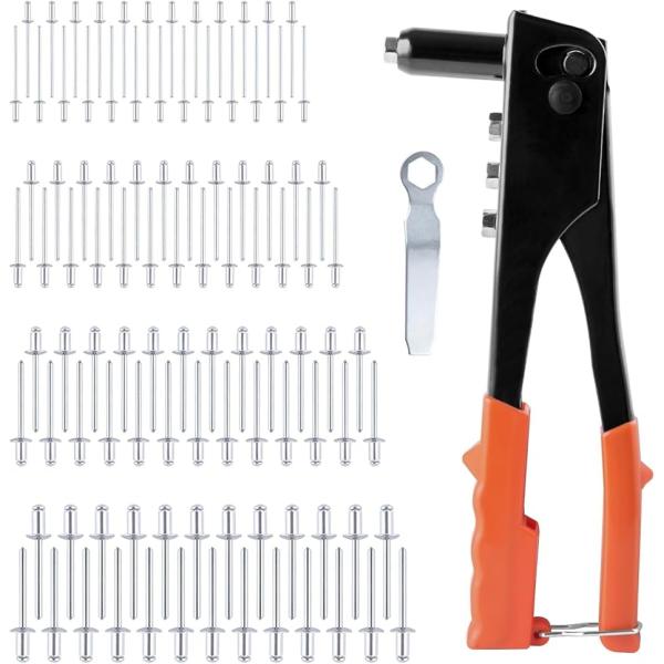 「セット内容」9.5 リベットガンx1、六角レンチx1、2.4mmx6平丸頭ブラインドリベットx25、3.2mmx6平丸頭ブラインドリベットx25、4.0mmx6平丸頭ブラインドリベットx25、4.8mmx8平丸頭ブラインドリベットx25。...