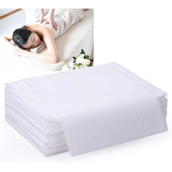 「サイズ」80x180cm 「色」白 「材質」不織布 「セット内容」20枚セット ＊フェイスホールなし、非防水仕様不織布製の使い捨てシーツ20個セットです。（フェイスホールなし、非防水仕様です。）シーツは肌に優しい不織布製で、柔らかく通気性...