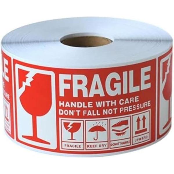 割れ物注意をしっかり伝えるFRAGILEラベル 「FRAGILE（割れ物注意）」の文字が大きく印刷された注意喚起ラベル。荷物の取扱いに注意を促し、配送中の破損リスクを軽減します。1ロール500枚の大容量タイプ 1巻あたり500枚入りの大容量...