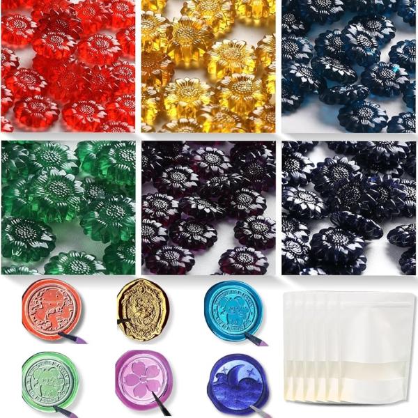 シーリングワックス 半透明 ひまわり 赤 黄 青 緑 紫 ネイビー 小分け袋付 シーリングスタンプ 封蝋 手紙 レター 結婚式 招待状600粒 6色 各100粒半透明シーリングワックスひまわり保存用小分け袋付き