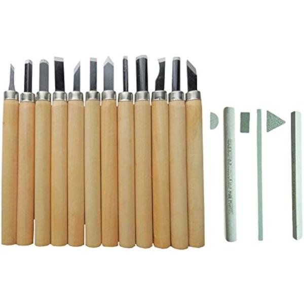 彫刻刀 12本 専用 砥石 3本 セット小学生の図工や美術・趣味などに適した彫刻刀12本セットです。専用砥石3本が付属しております。砥石：丸型1本　三角型1本　四角型1本定期的に研ぎながらご使用頂くことで長くお使いいただけます。PL保険加入...